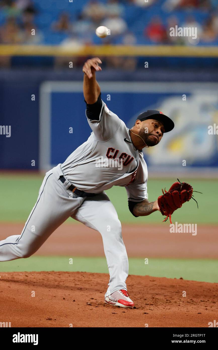 Cleveland Guardians starting pitcher Xzavion Curry throws to a Tampa ...