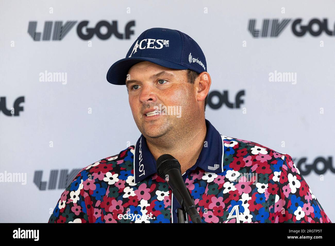 Patrick Reed of 4Aces GC speaks to the media after the first round of ...