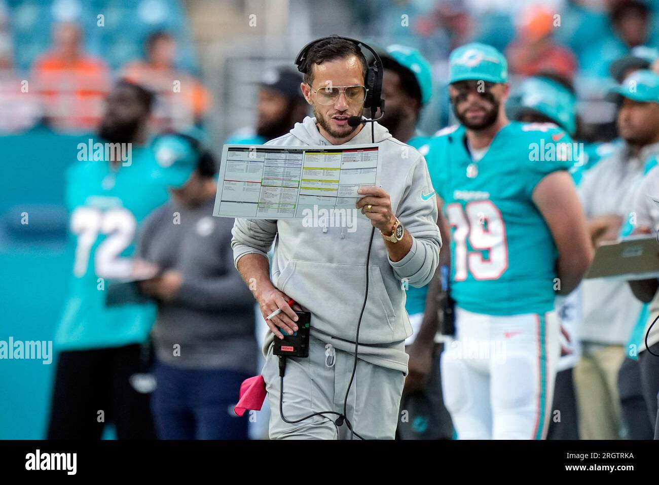 Miami Dolphins head coach Mike McDaniel is shown during the first half of a preseason NFL ...