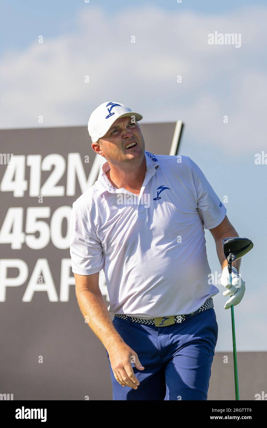 Jason Kokrak of Smash GC watches his shot from the ninth tee during the ...