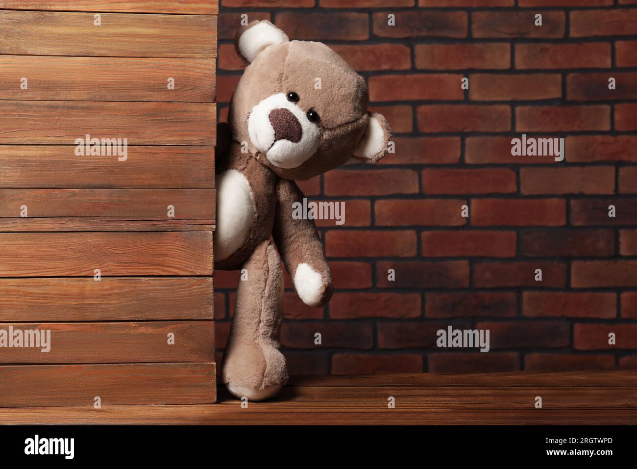 Cute teddy bear peeking out behind wooden wall against brick background ...