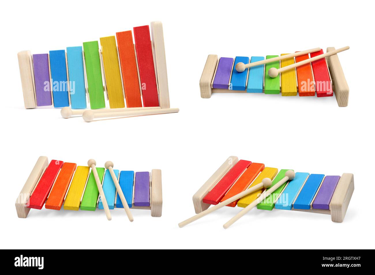Bright colorful rainbow xylophone isolated on white, different angles. Collage design with ...