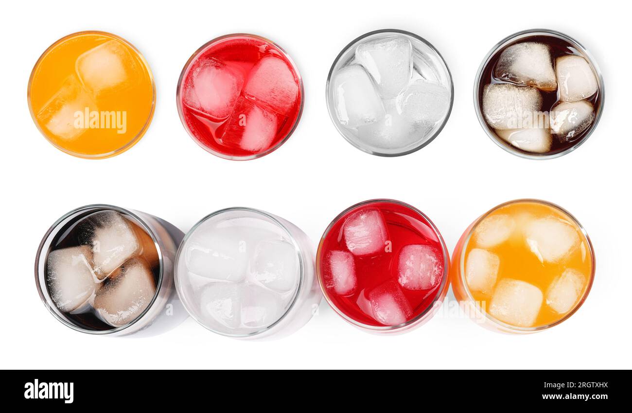 Set of tasty refreshing soda drinks with ice cubes on white background, top view Stock Photo - Alamy