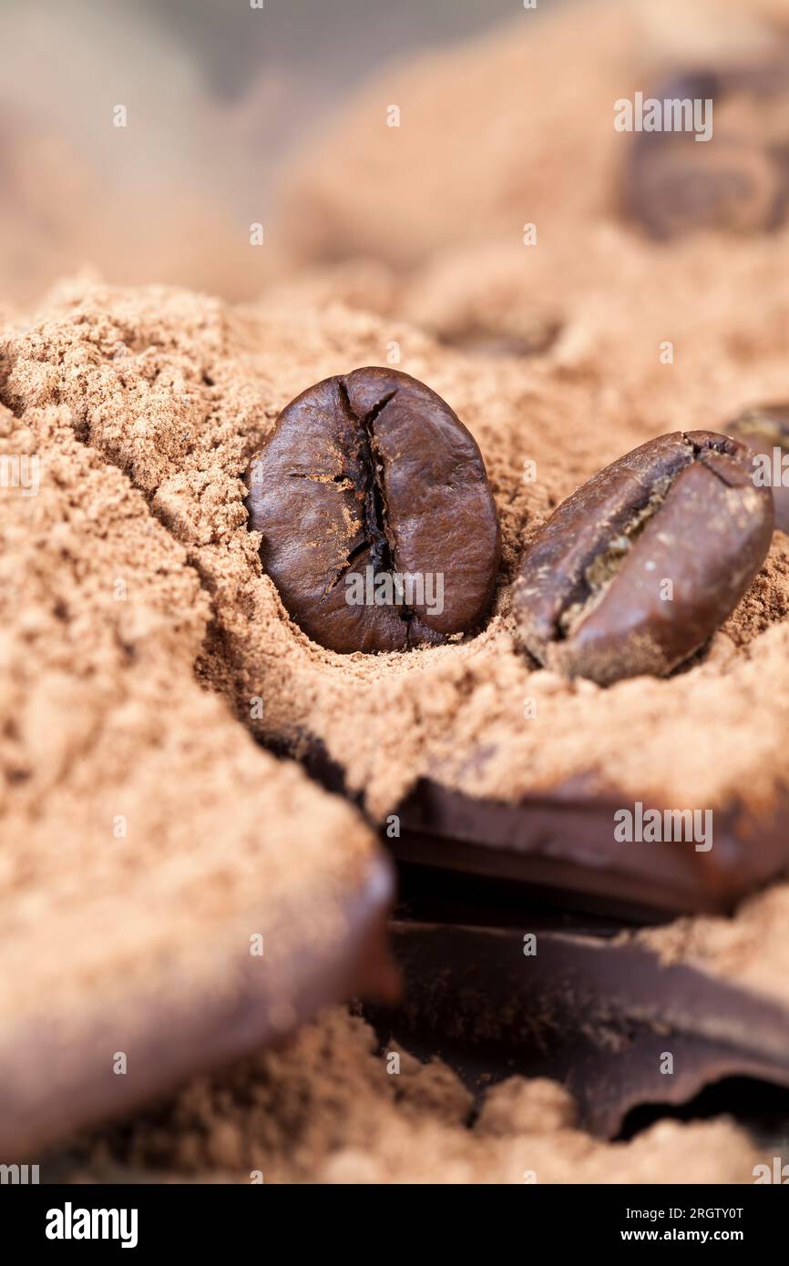 chocolate bar with cocoa powder topping and coffee beans, close up of ...