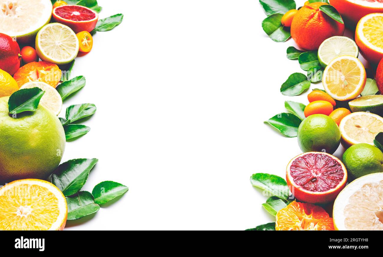 Colorful citrus fruis, food background, top view. Mix of different ...