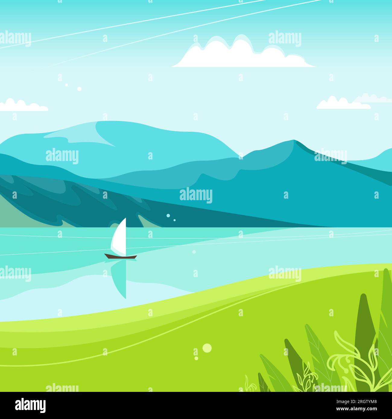 Beautiful summer landscape. Mountains and water. Blue sky with clouds ...