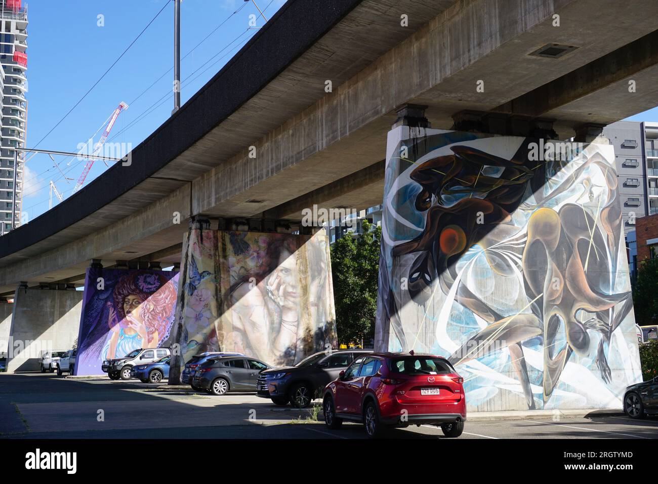 Large murals on concrete pillars under a rail overpass in Brisbane ...