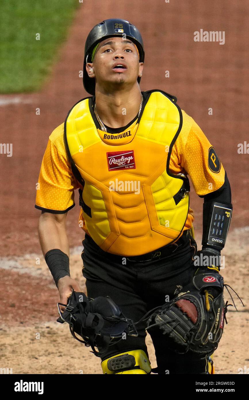 Pittsburgh Pirates catcher Endy Rodriguez goes after a foul ball during ...