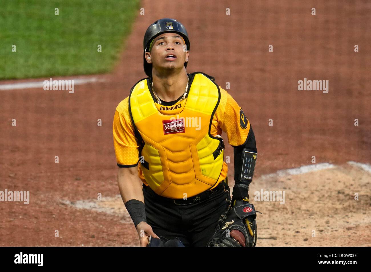 Pittsburgh Pirates catcher Endy Rodriguez goes after a foul ball during ...