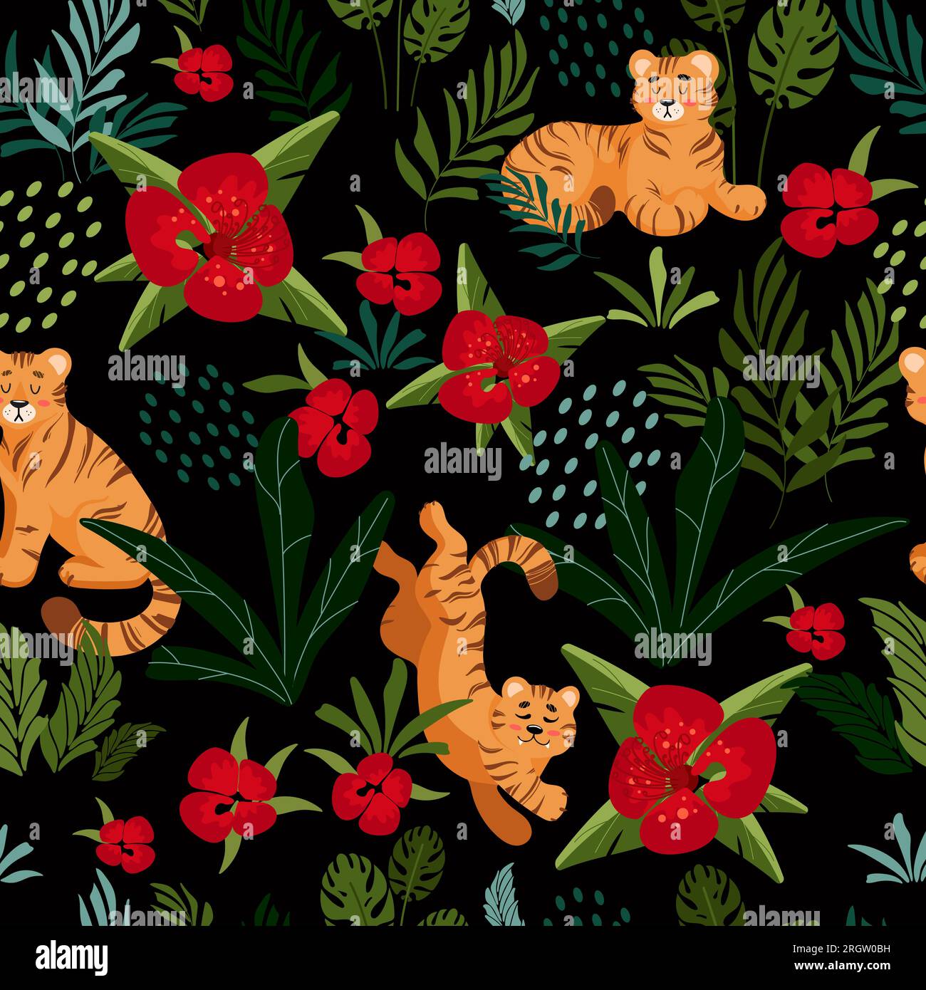 Bright summer tropical seamless pattern cute tiger palm leaves ...