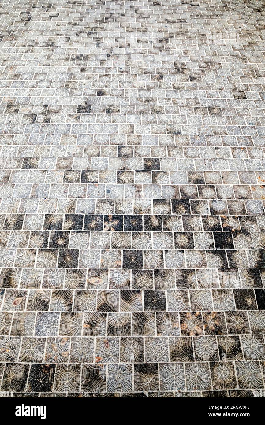 details of the road made of natural wood materials, close up on the ...