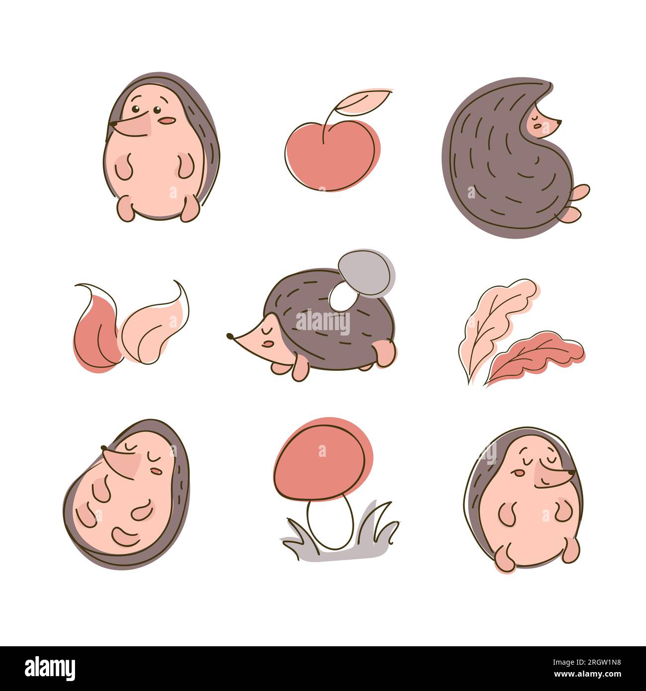 Cute autumn set with hedgehogs, leaves, apple and mushrooms on white ...