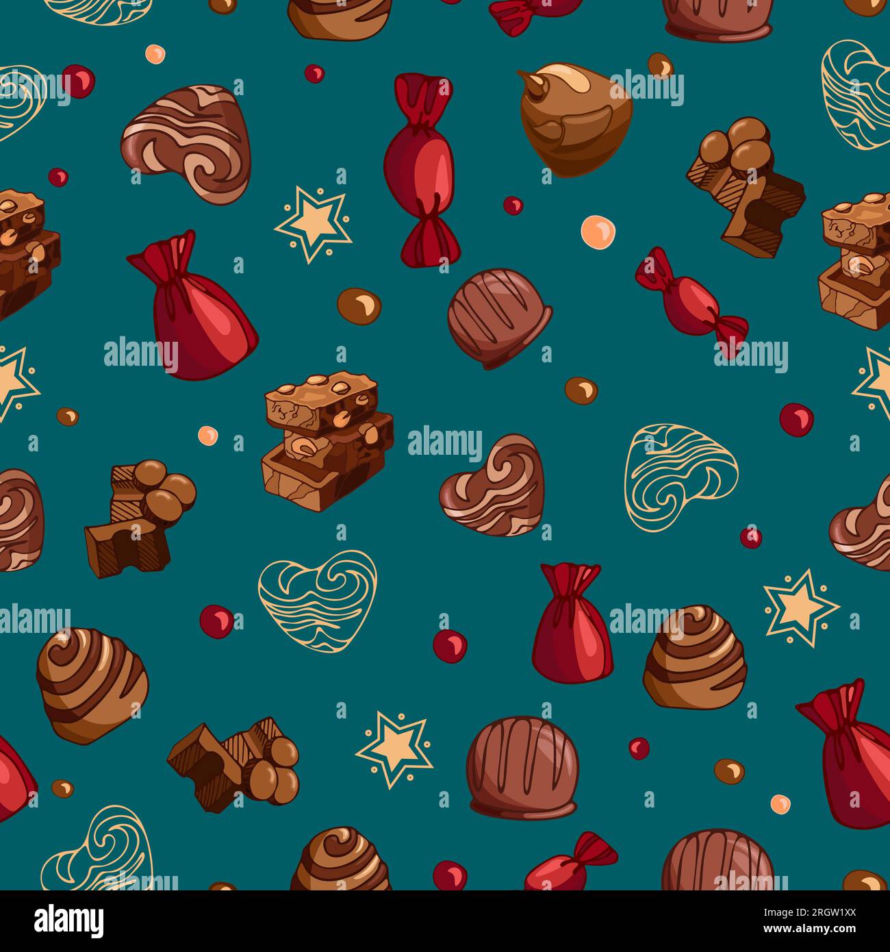 Seamless vector Christmas pattern of bright tasty pieces milk chocolate ...