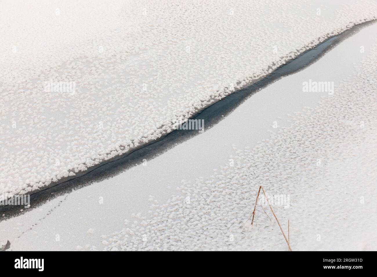 the surface of the river covered with ice and snow, frozen in the ...