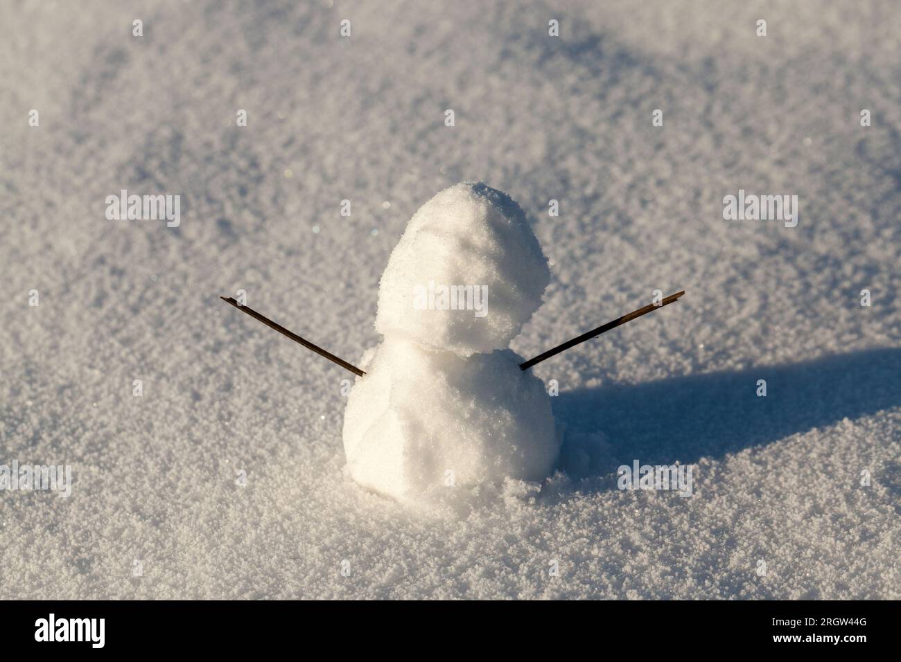 the snowman is made of several parts and stands in the snow in cold ...