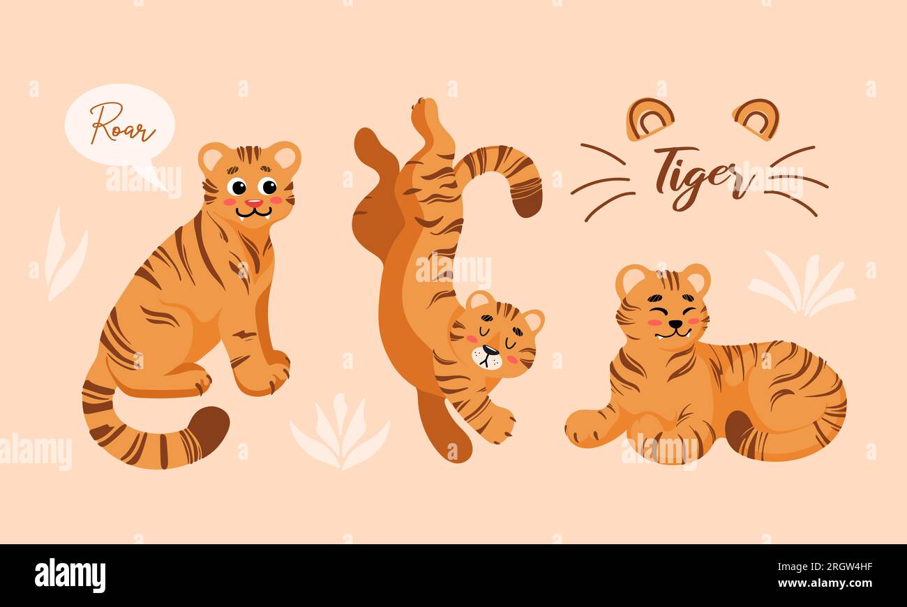 Set of vector childish colored cartoon illustrations of cute tiger in ...