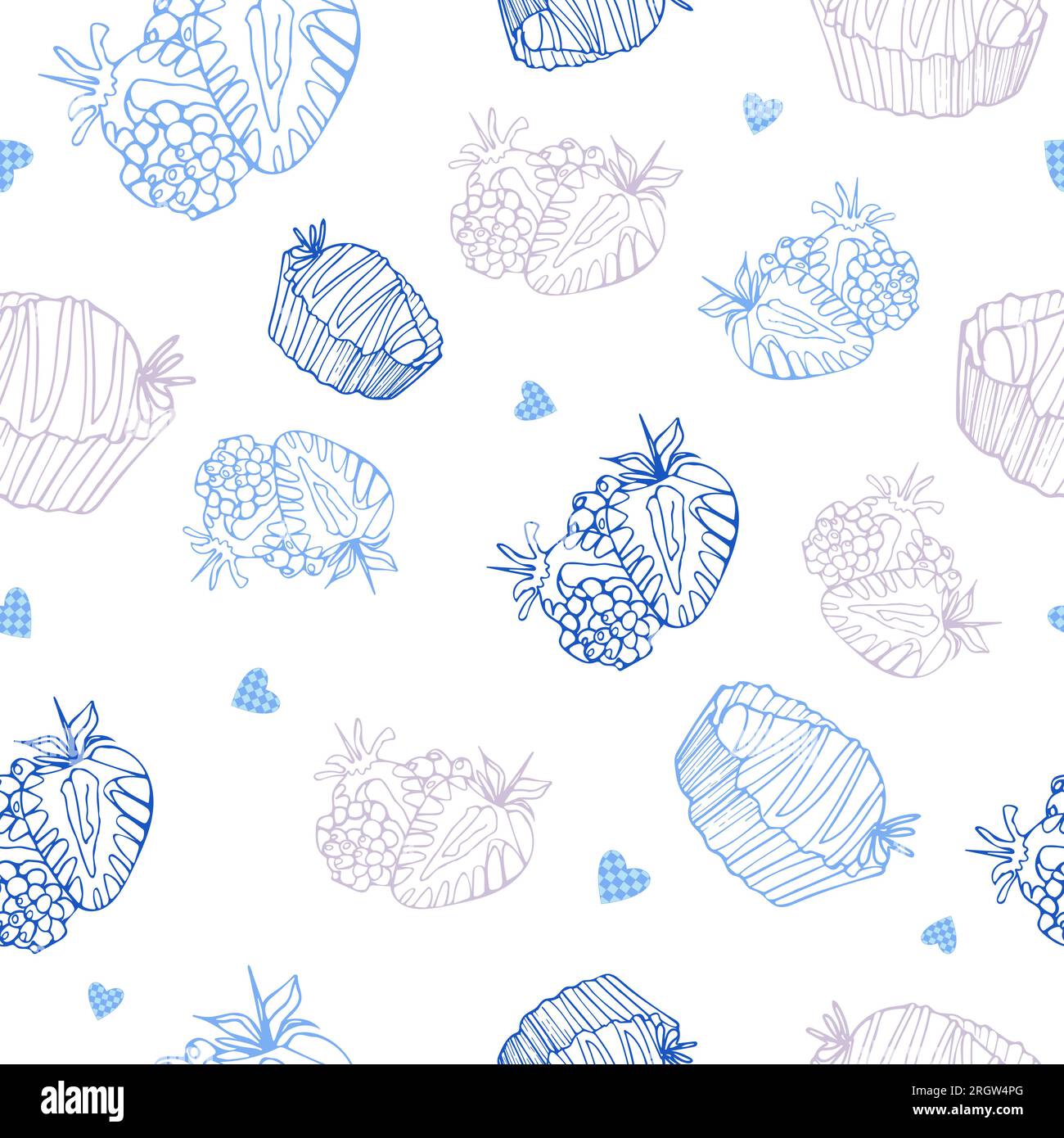 Bright seamless summer pattern. Blue strawberries and hearts in a cage ...