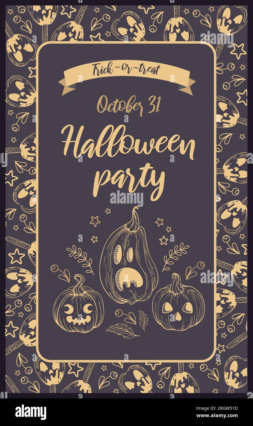 Vector illustration Pumpkins, jack-o-lantern caramel apples, berries ...