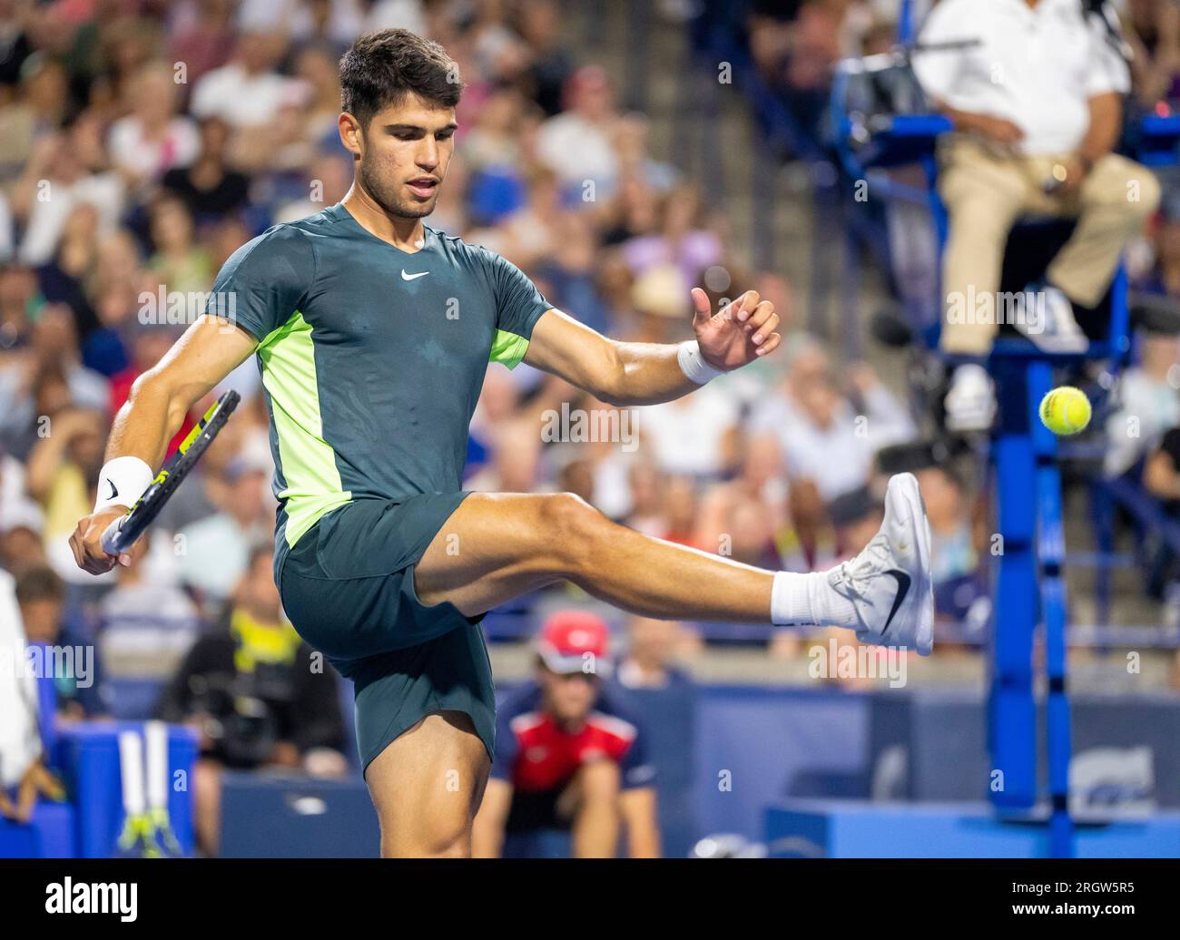 Toronto, Canada. 11th Aug, 2023. Carlos Alcaraz of Spain kicks the ball ...