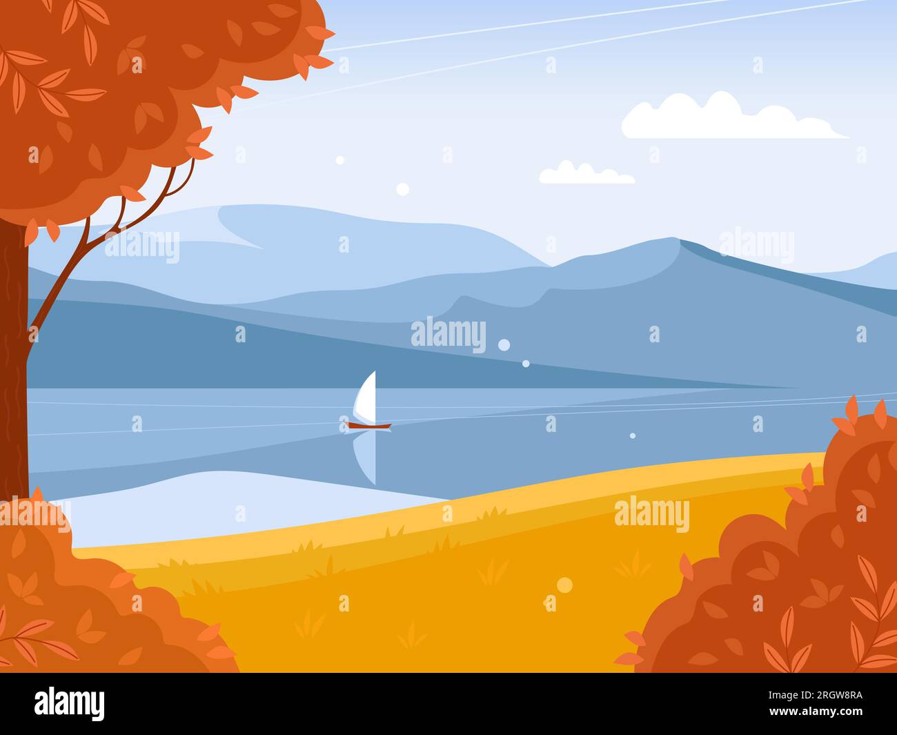 Beautiful bright autumn landscape. Mountains and water. Blue sky with ...
