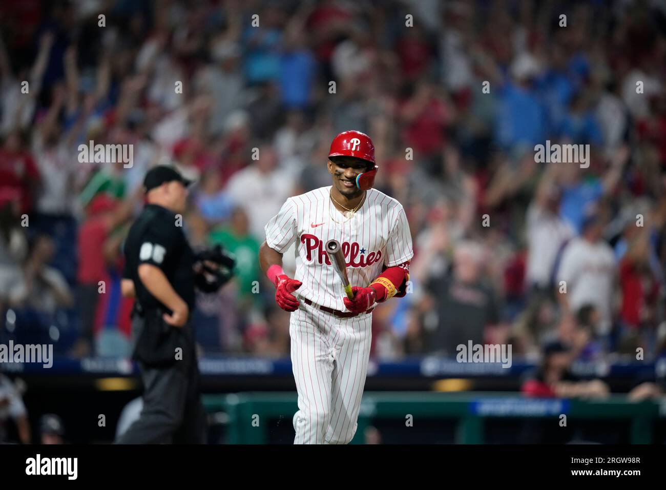 Philadelphia Phillies' Johan Rojas reacts after a home run during a ...