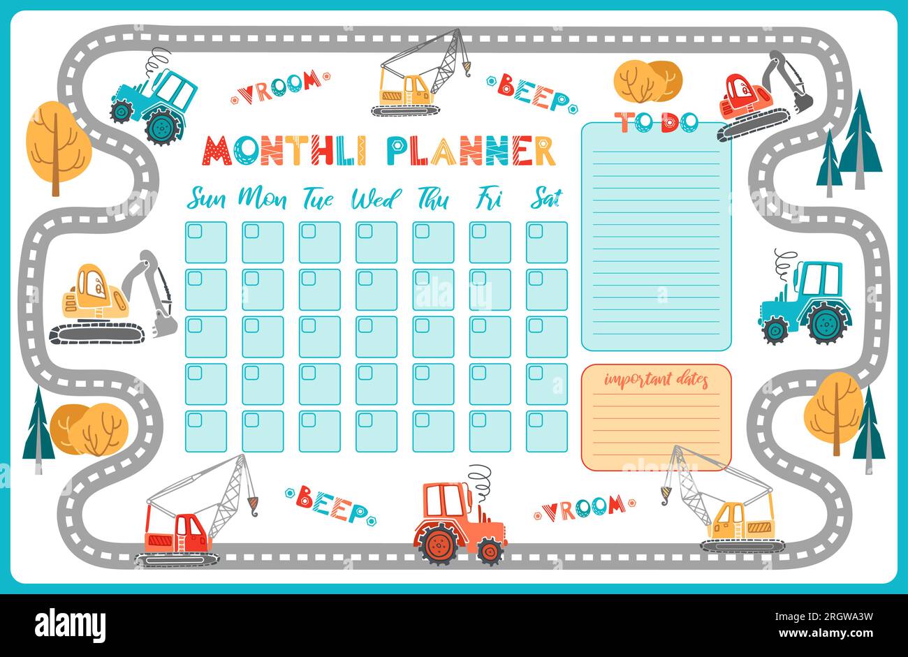 Cartoon cute monthly planner. To do list, notes, template design ...