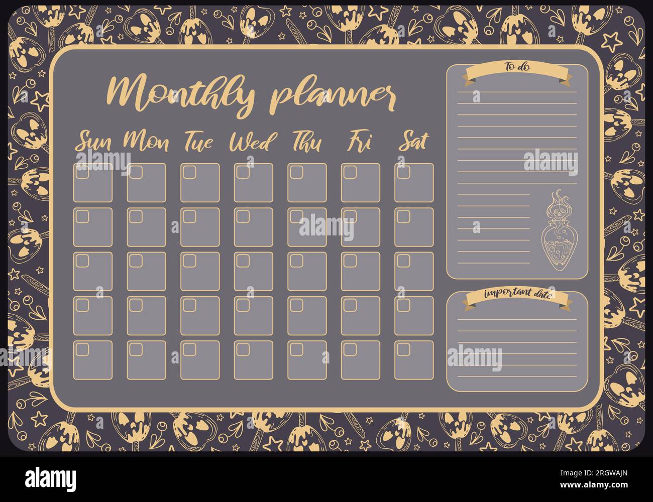 Cute monthly planner. Vintage illustrations for Halloween. Witchcraft ...