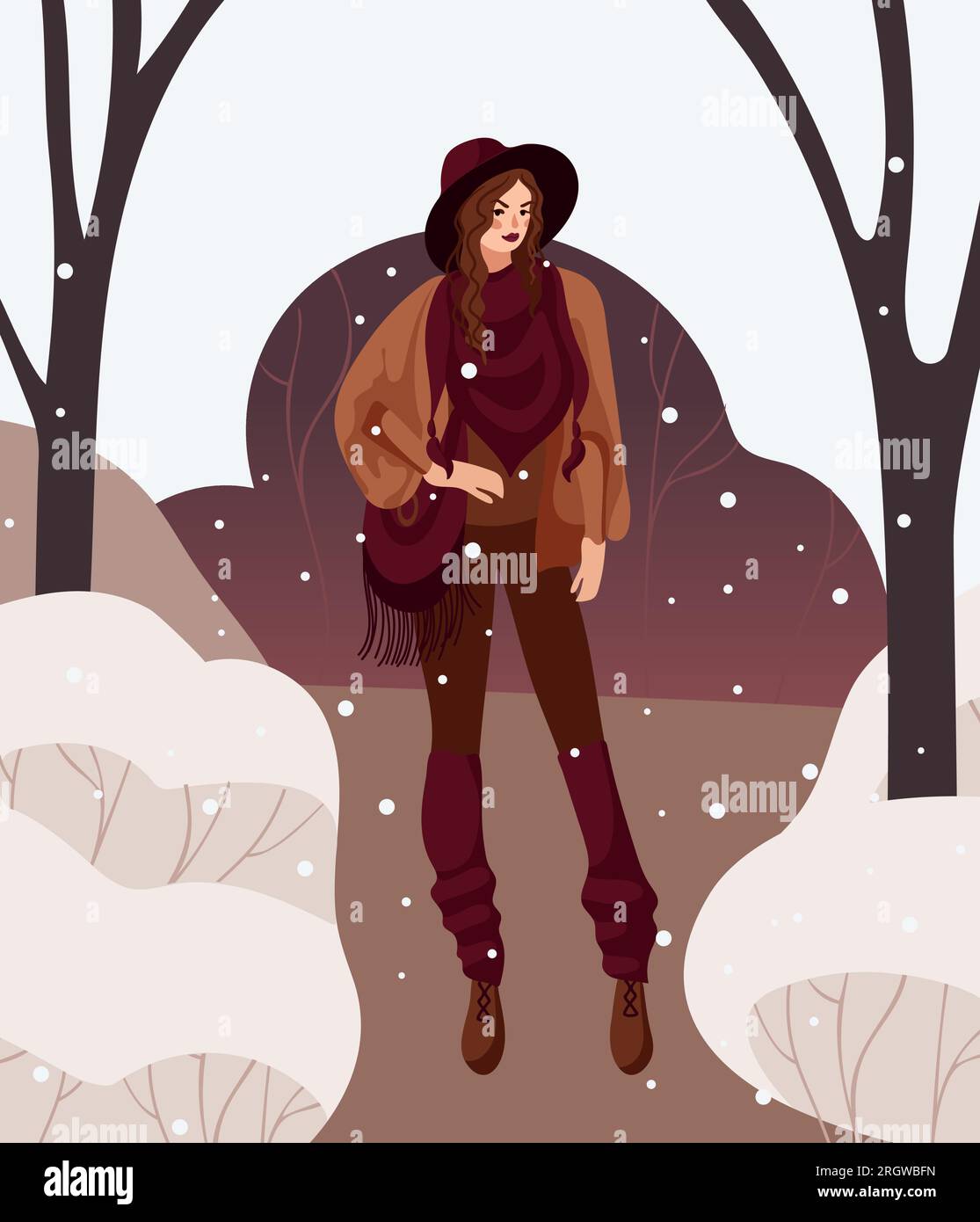 A girl in boho outfit walks in a winter park. Bright vector ...
