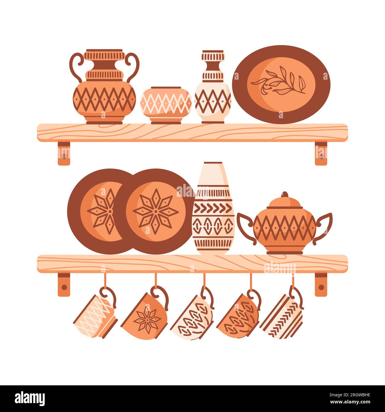 Kitchen shelves with utensils. Handmade ceramics dishes, ethnic ...