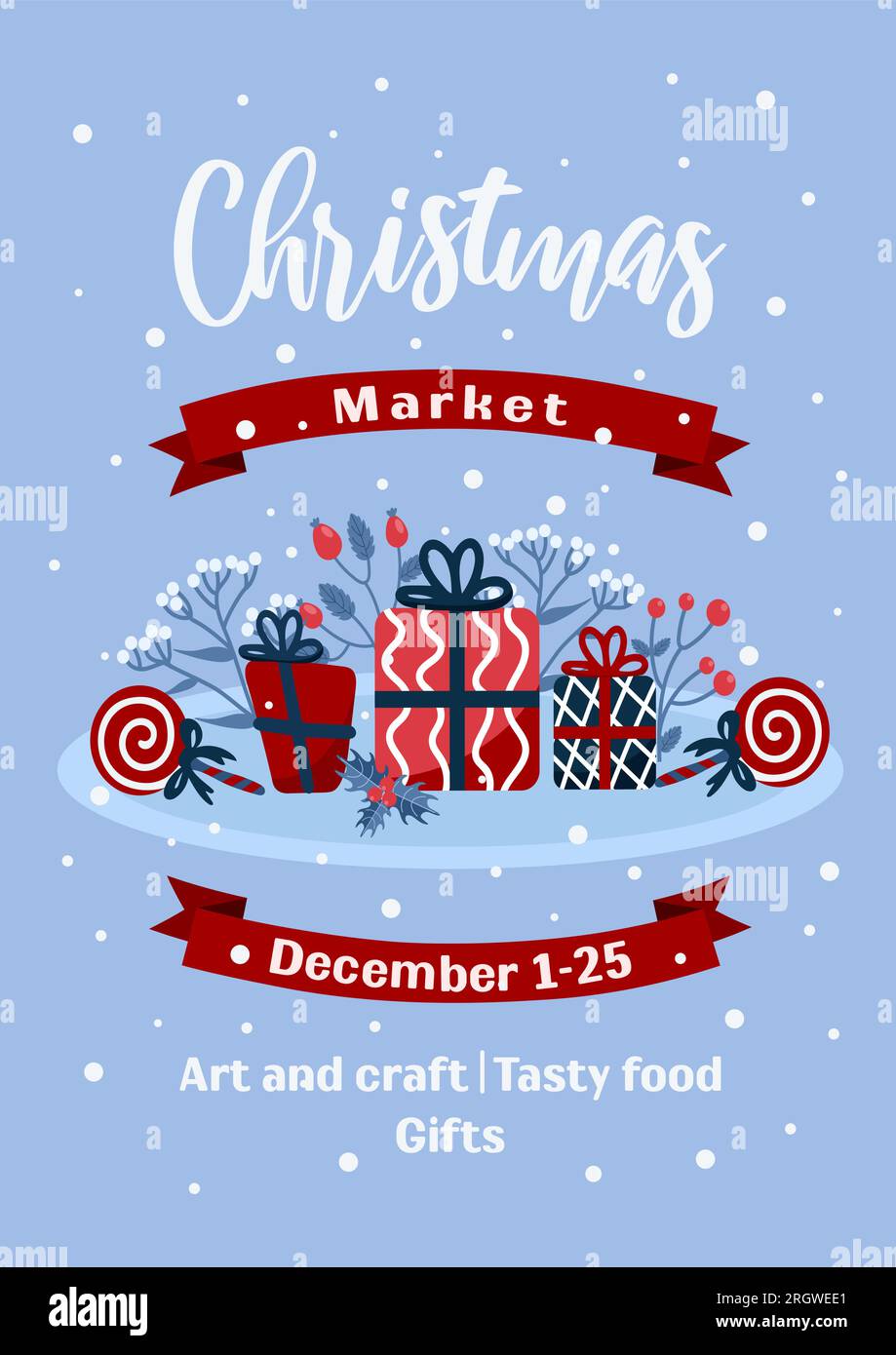 Christmas market banner. Bright vector illustration in cartoon style in ...