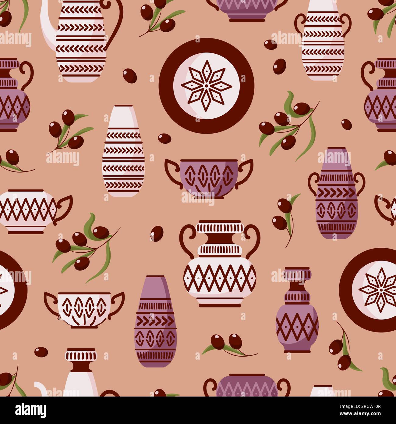 Bright seamless vector pattern Greek amphorae, vases, plates, pots and ...