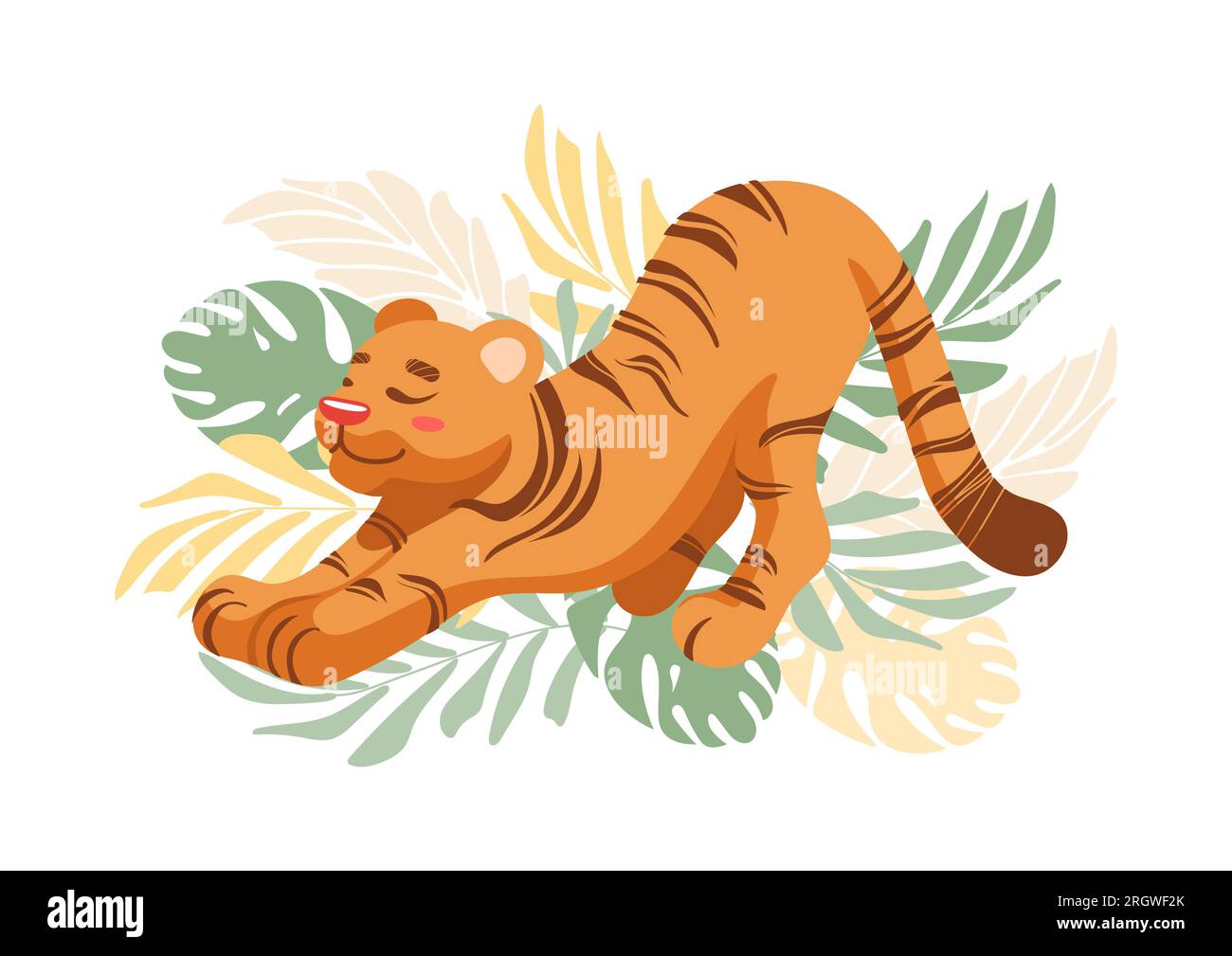 Cute stretching tiger childrens vector illustration in cartoon style ...