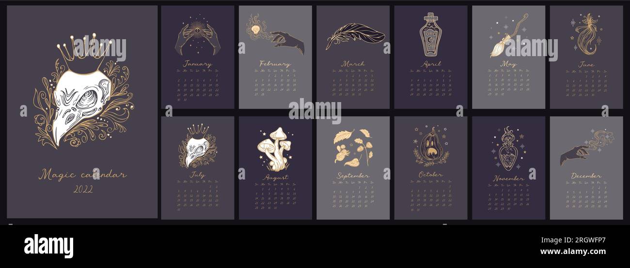 Magic calendar 2022. Vector vintage gothic illustrations of magic ...