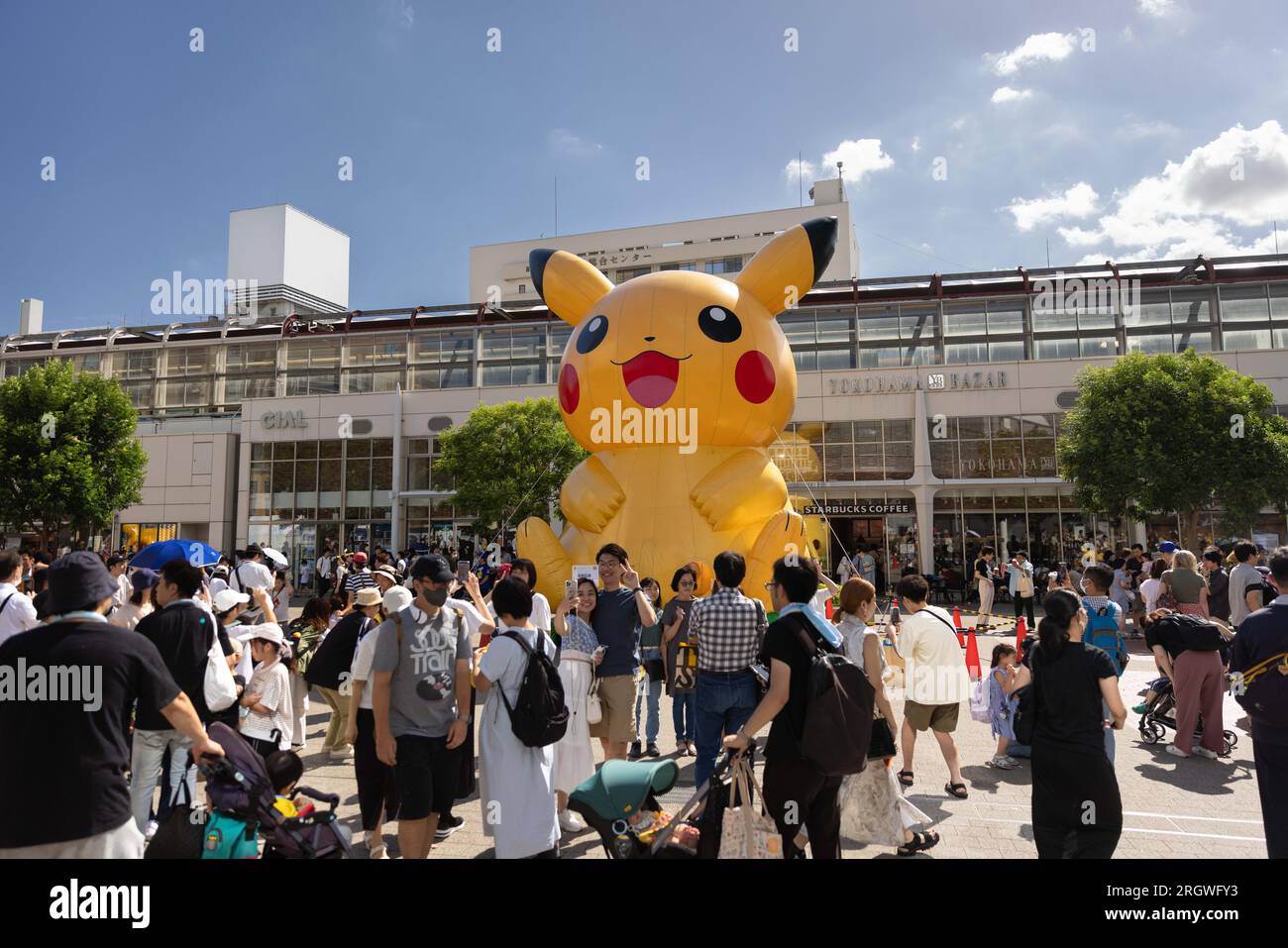 Yokohama, Japan. 11th Aug, 2023. Pikachu air balloon seen in front of Sakuragicho station during ...