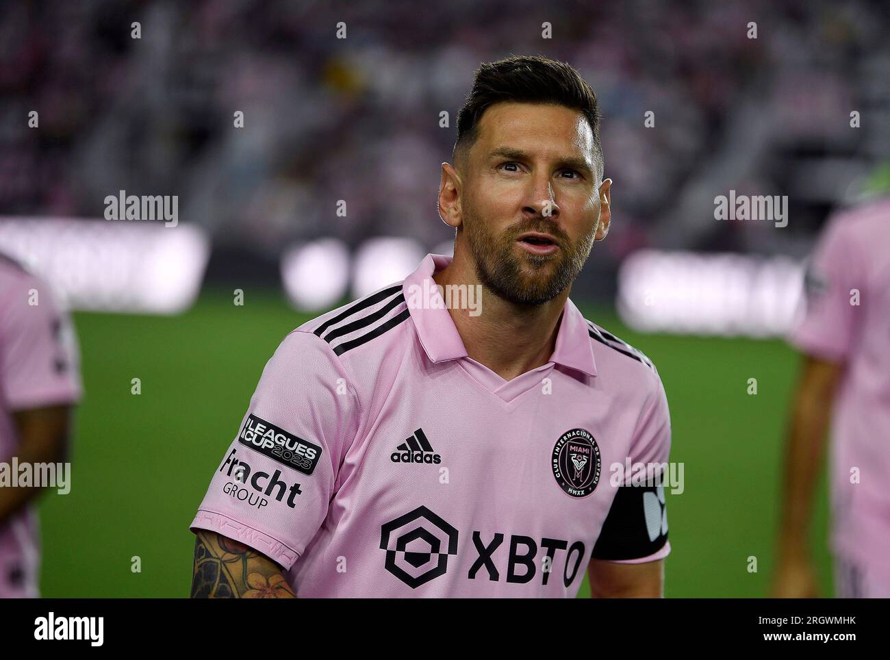 Inter Miami forward Lionel Messi scans the crowd as his team is ...