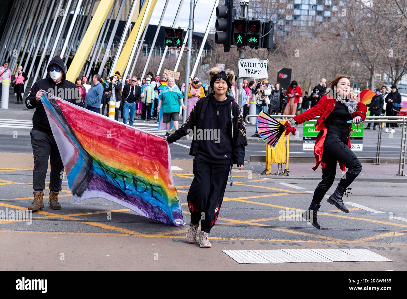 Melbourne, Australia, 12 August, 2023. Por-LGBT protesters skip and ...