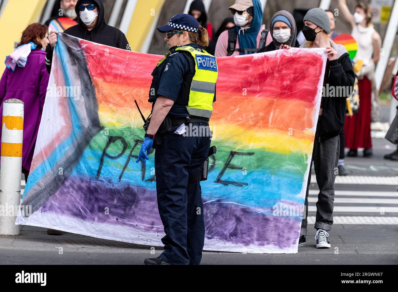 Melbourne, Australia, 12 August, 2023. A police office stands in front ...