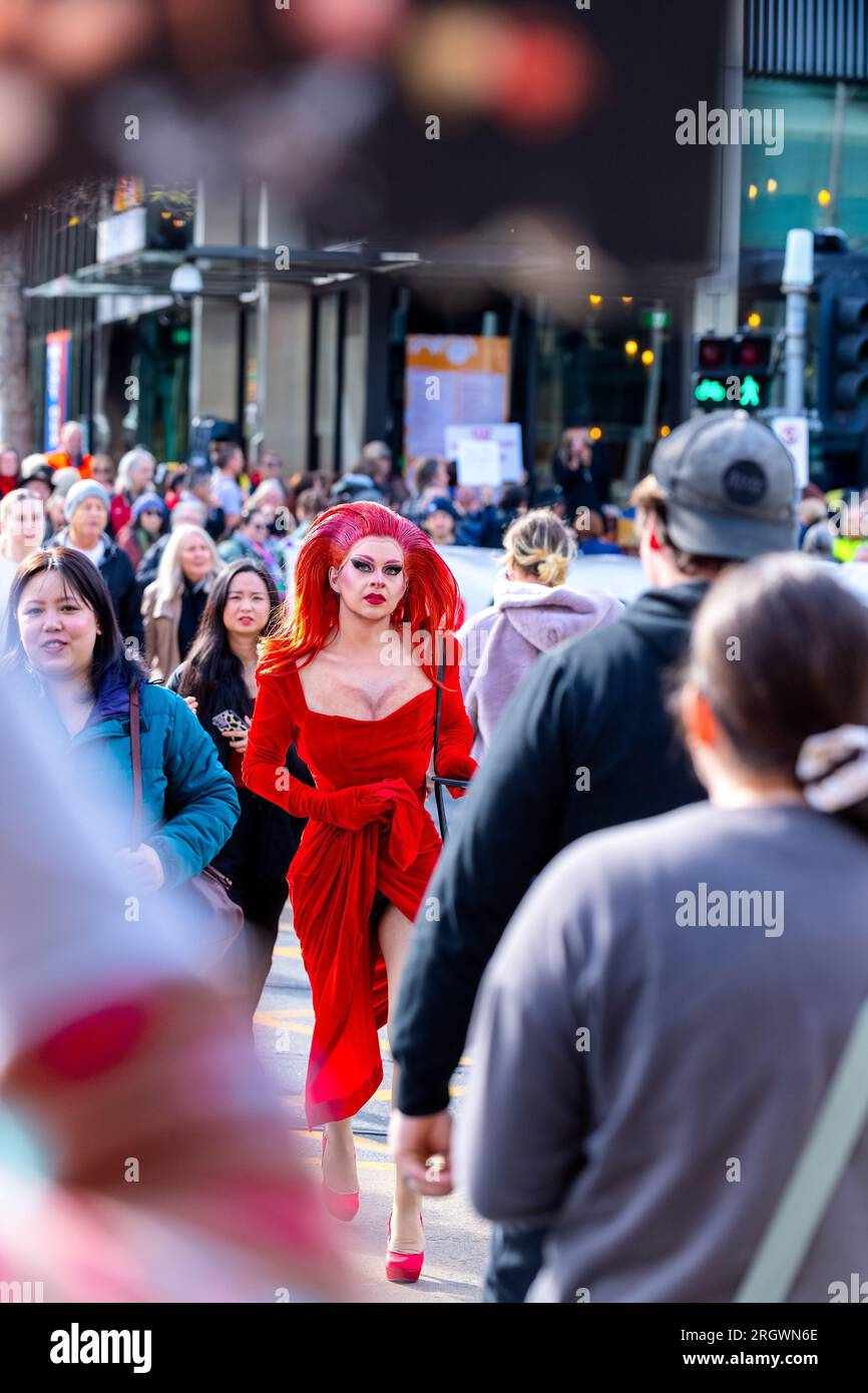 Melbourne, Australia, 12 August, 2023. A drag queen crosses the street ...
