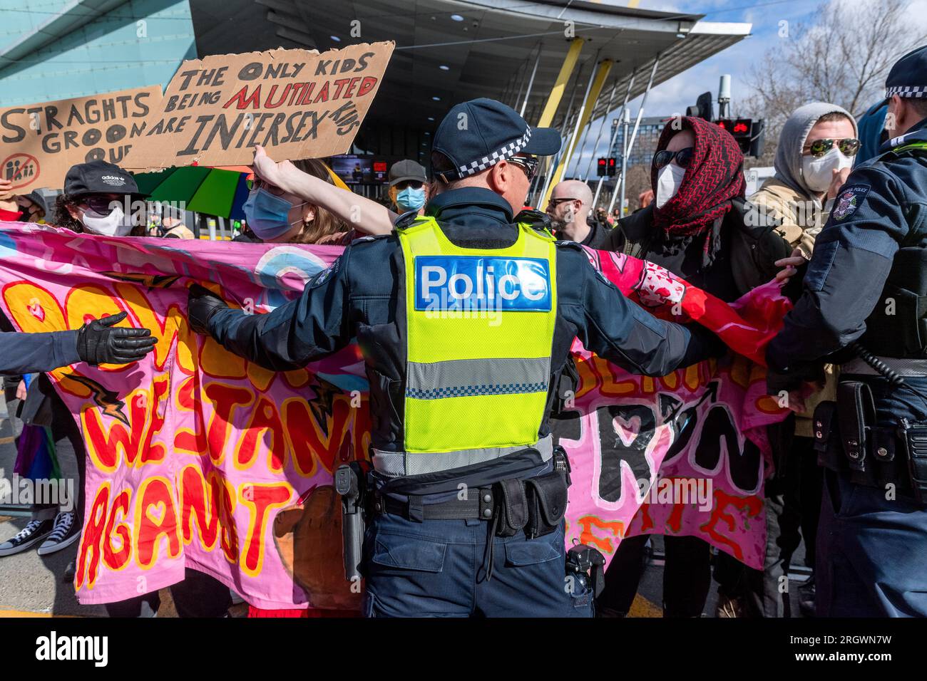 Melbourne, Australia, 12 August, 2023. Police move Pro LGBT+ protesters ...