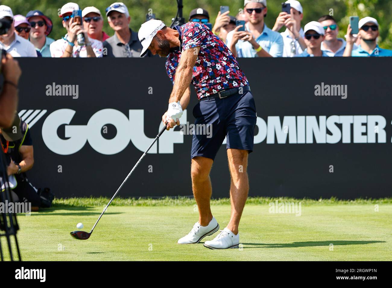 BEDMINSTER, NJ - AUGUST 11: Dustin Johnson of Aces GC tees off at the ...