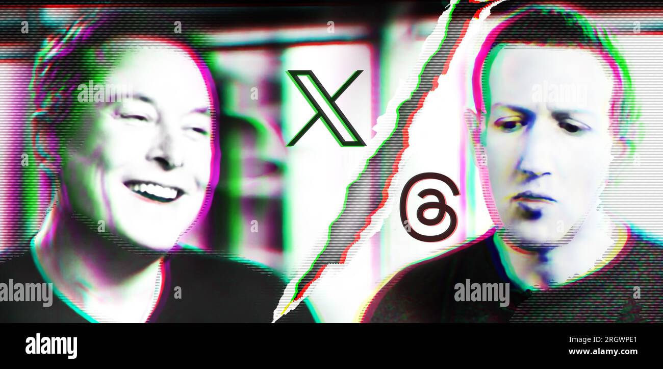 Portrait of Elon Musk and Mark Zuckerberg Glitch Effect. Elon Musk vs ...