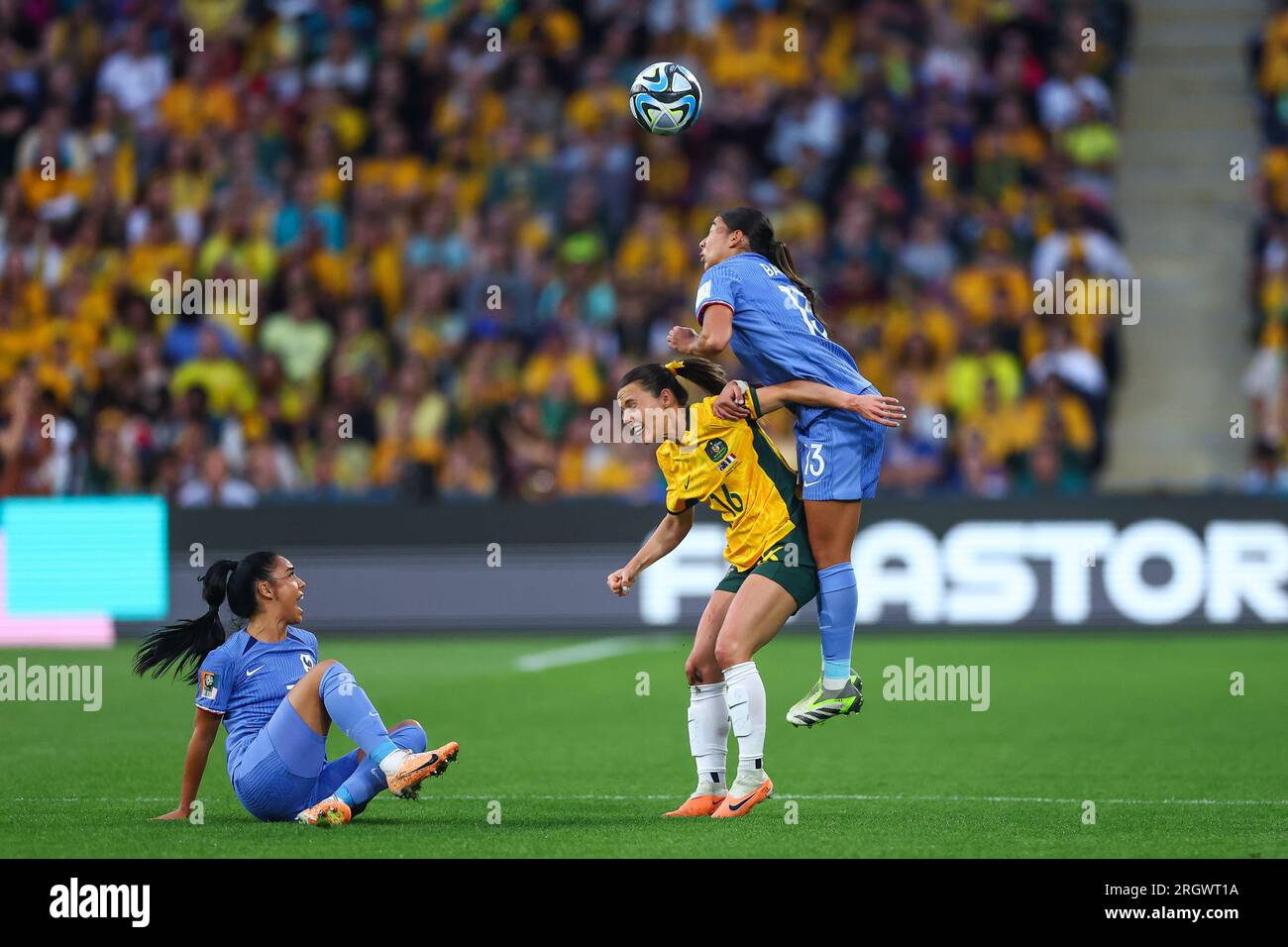 Selma Bacha #13 of France wins the header over Hayley Raso #16 of ...
