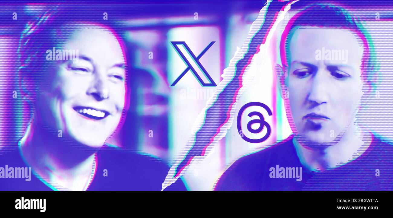 Portrait of Elon Musk and Mark Zuckerberg Glitch Effect. Elon Musk vs ...