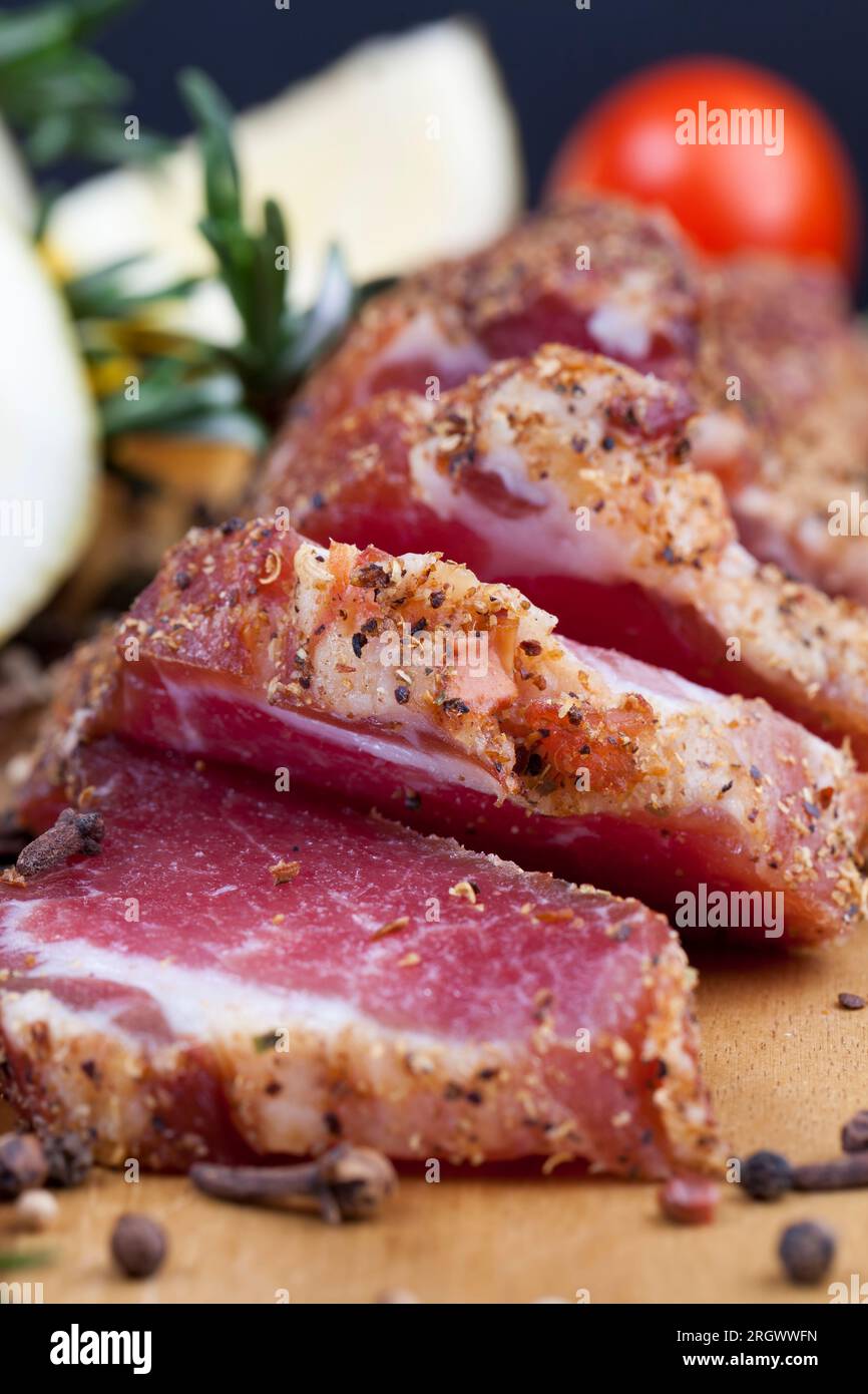 beef meat products with spices, beef meat with lard cut into pieces ...