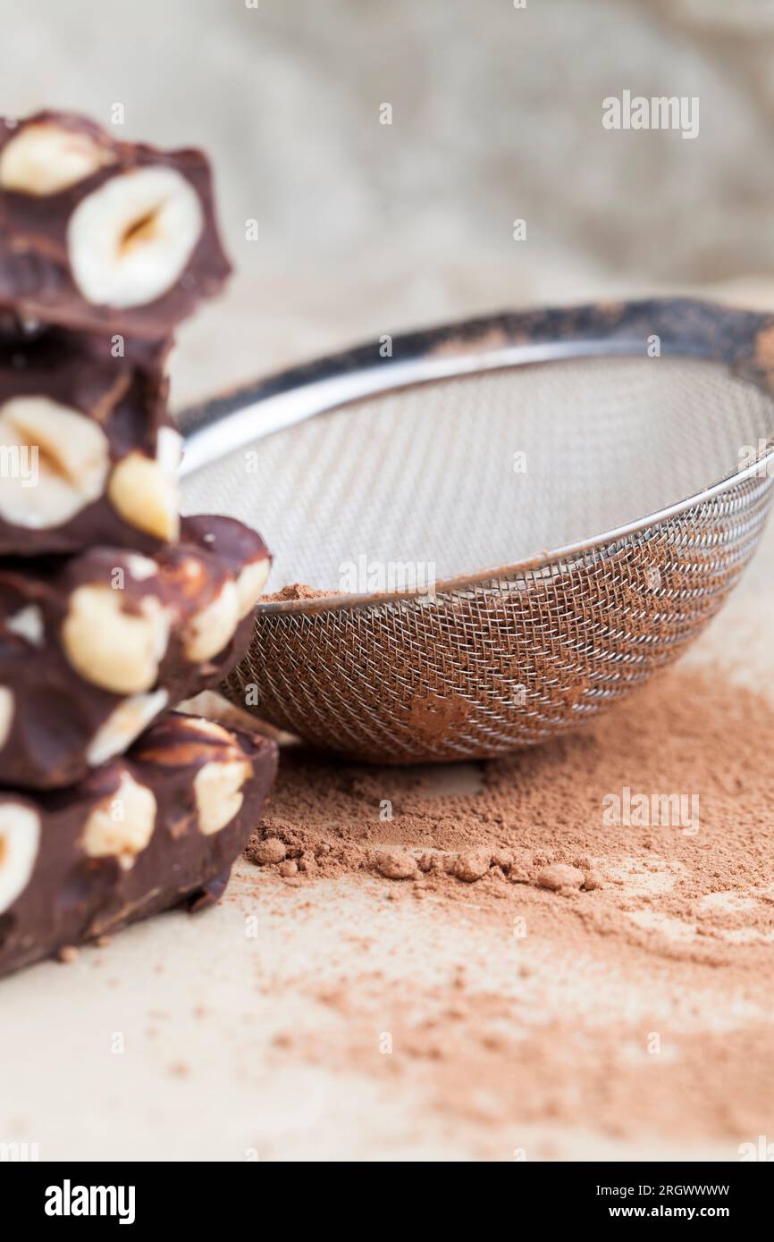 homemade chocolate bar made of cocoa with the addition of hazelnuts ...