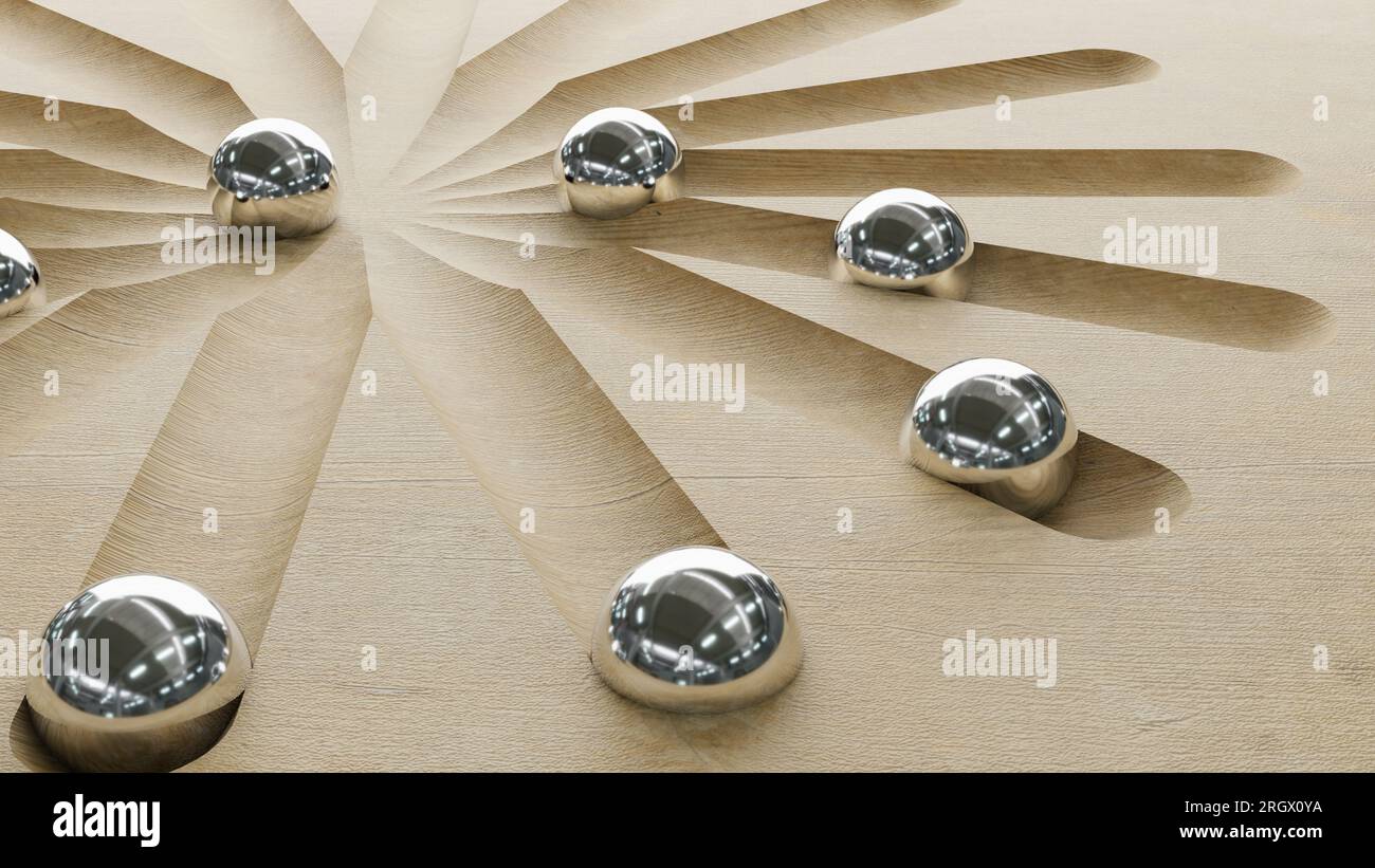 Chrome plated iron balls roll on a Japanese-style wooden pattern. An ...