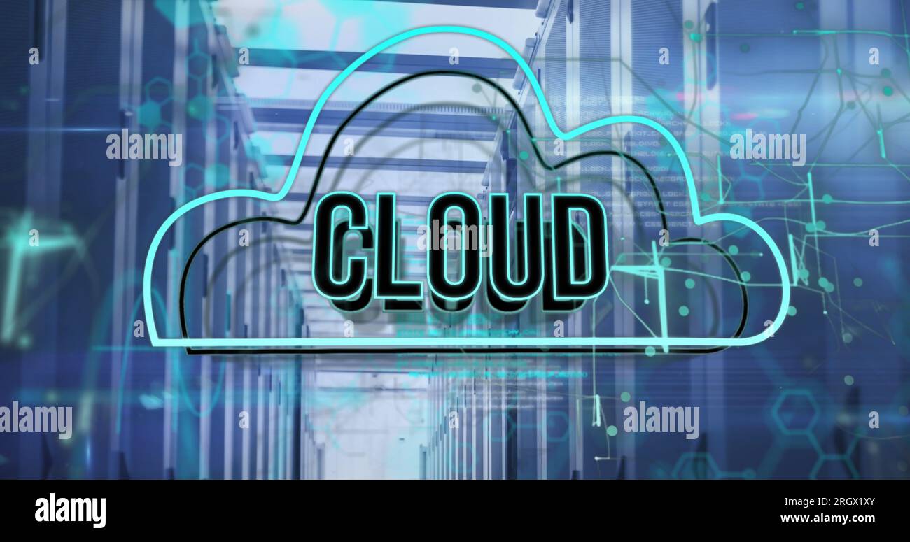 Image of cloud icon and text banner over data processing against computer server room Stock ...