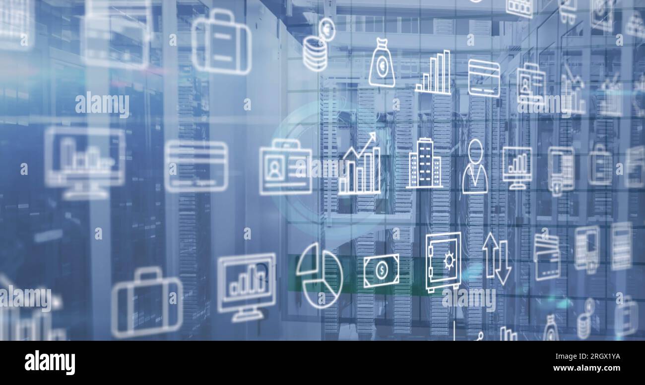 Image of multiple icons over digital clock against server racks in ...