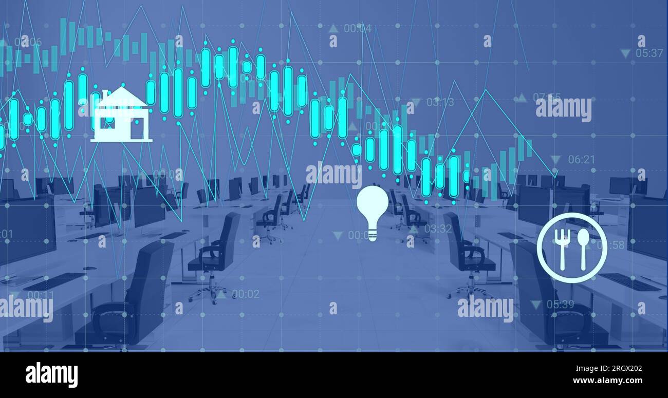Image of digital icons and data processing over grid network against empty office Stock Photo ...