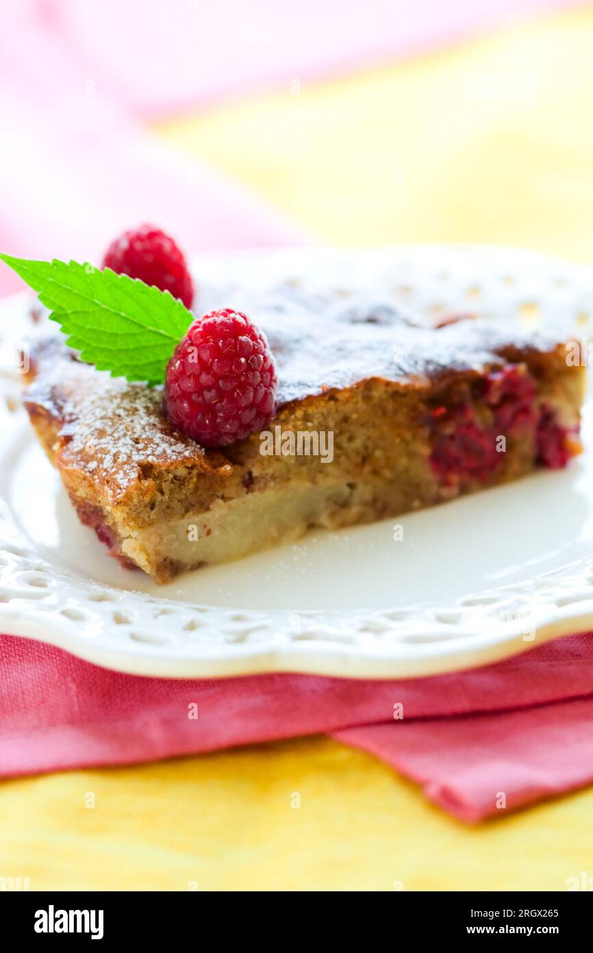 homemade raspberry cake with almond and pear Stock Photo - Alamy
